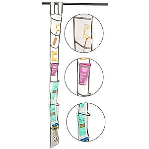 Home-X Hanging Mesh Organizer with Six Pockets, Shower Caddy with Hook and Loop Hanger for Shower Rod, 58" L x 7" W, White/Gray