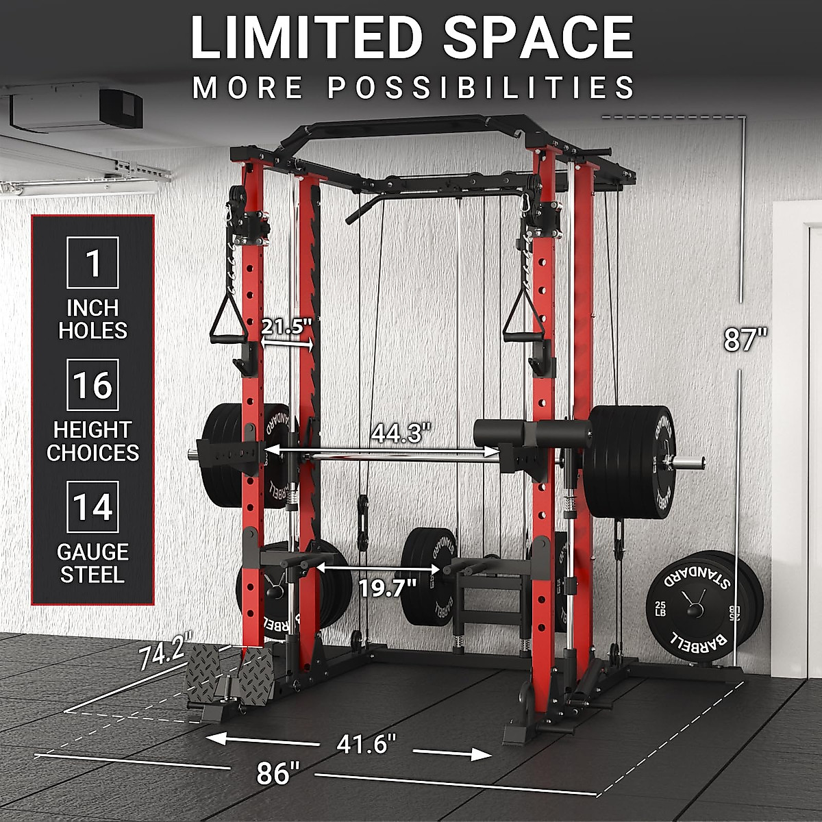ER KANG Smith Machine, 2000LBS Strength Training Power Cage with Smith Bar and LAT Pull Down System, Multi-Function Linear Bearing Cable Crossover Machine for Home Gym, 2×3”, Red