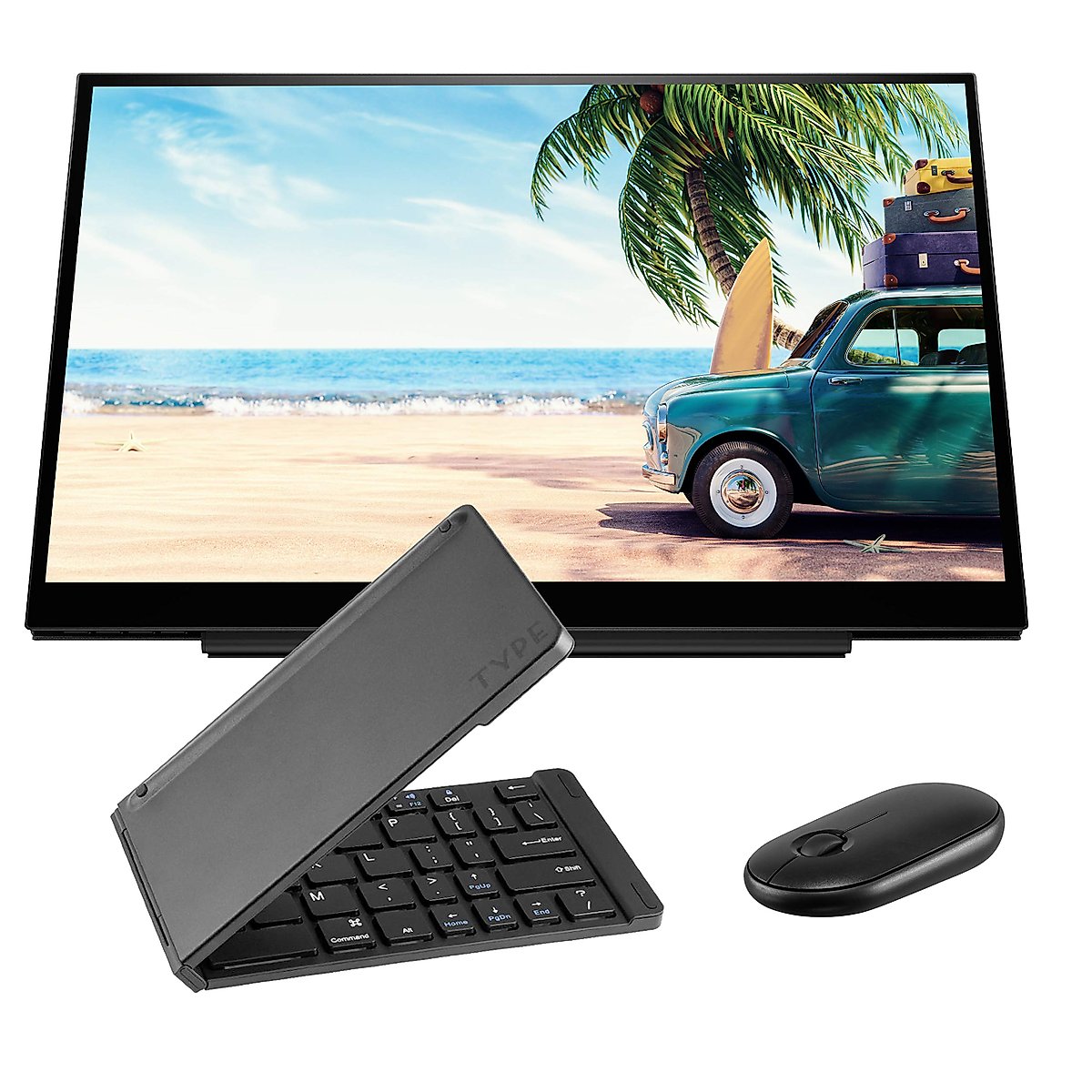 HP E14 FHD (1920 x 1080) Portable Travel Monitor Bundle with USB Type-C, Black Matte Bluetooth Folding Wireless Keyboard, and Black Pebble M355 Bluetooth Wireless Mouse