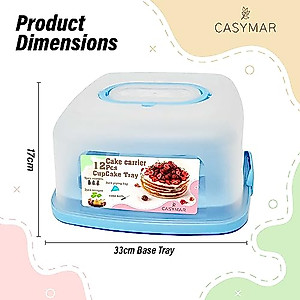 CASYMAR Portable Cake Carrier with 12 Cupcake Holder with Lid- Plastic Cake Containers with Lids Includes Knife & Accessories-Two Sided Base for Snacks Cookies Nuts Fruit etc-Suitable for 12-inch Cake