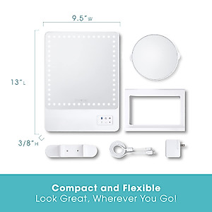 Glamcor Riki Skinny Smart Vanity Mirror with HD LEDs, Magnifying Mirror Attachment, Phone Holder and Bluetooth Control (White, 5X Magnification)
