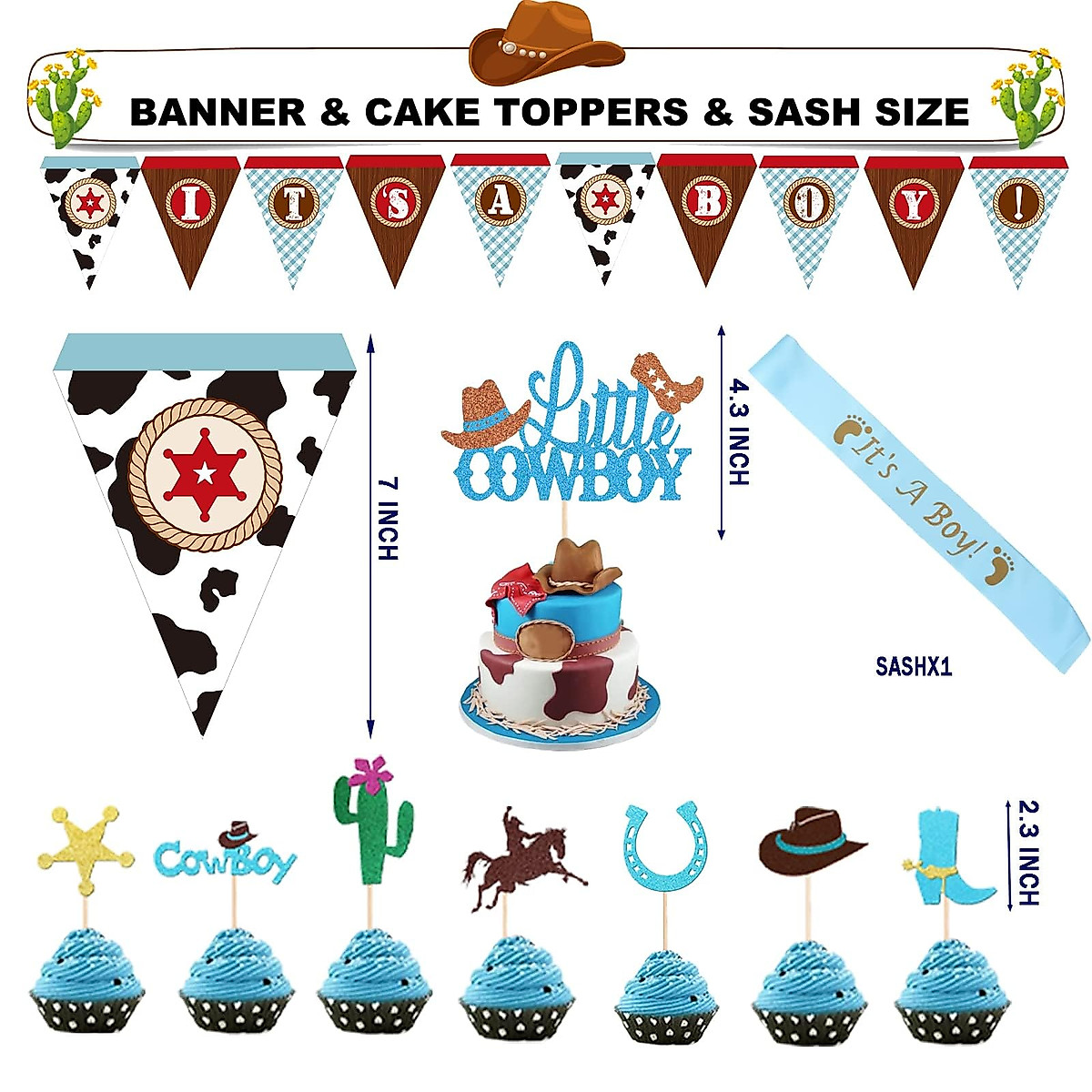 123 PCs Cowboy Baby Shower Decorations for Boy, Fiesec Western Rodeo Wild West Baby Shower Decorations A Little Cowboy Is On The Way Backdrop Balloon Garland Arch Banner Cake Cupcake Topper Sash