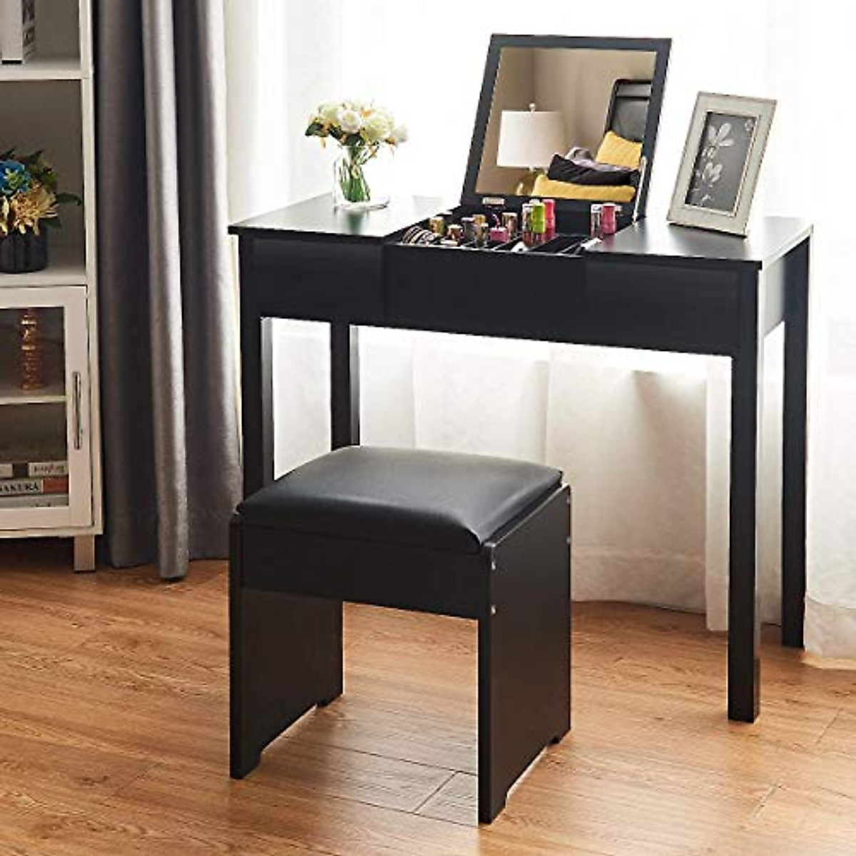 Vanity Table with Flip Top Mirror, Solid Wood Makeup Dressing Table , Writing Desk with Cushioned Stool Set, 2 Drawers for Different Sized Makeup Accessories, Bedroom Bathroom Organizers (Black)