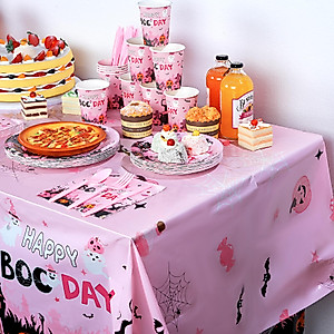 Halloween Happy Boo Day Baby Shower Party Decorations,Pink Ghost Pumpkin Disposable Tableware Paper Plates Napkins Cups Tablecloth Banner for Girl Halloween Birthday Baby Shower Party Supplies,Serve25