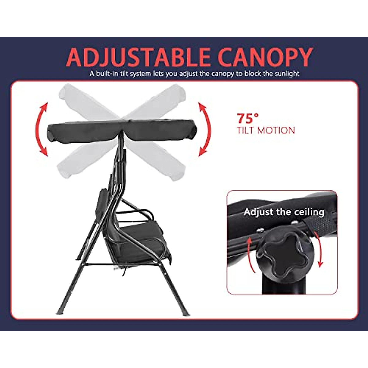 Patio Swing with Canopy Backyard Swing Outdoor Swing Chair with Adjustable Tilt Canopy Removable Cushions Stable Frame Comfortable Armrests for Patio Outdoor Backyard Garden Black