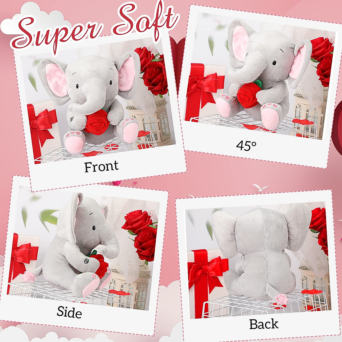 2 Pcs Elephant Stuffed Animal with Rose Soft Plush Elephant Animal Toy for Valentines Day Gifts Women Men Girl Boy Baby Shower Birthday Party Favors, 8 Inches