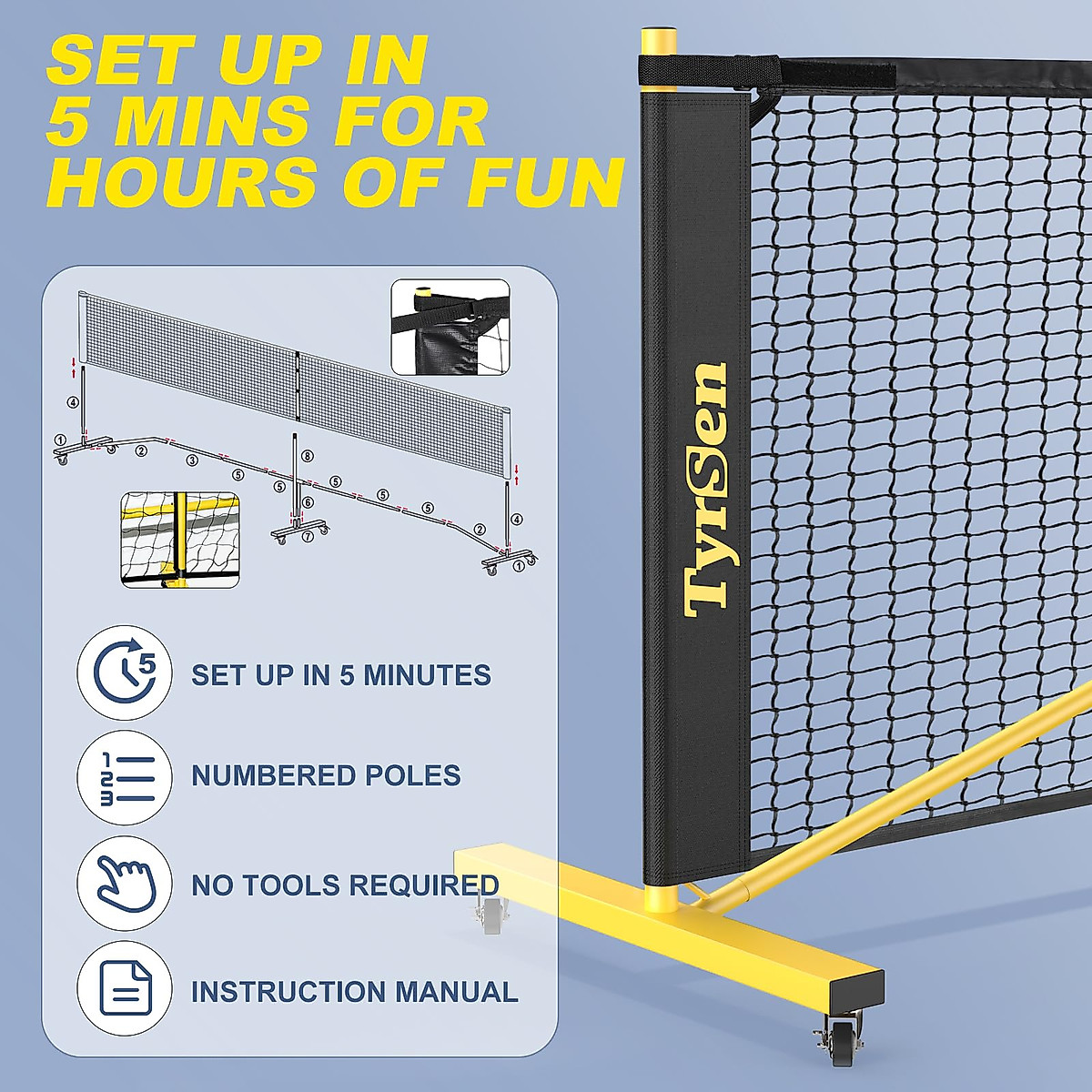 TYRSEN Portable Pickleball Net on Wheels, 22FT Pickleball Net for Driveway Backyard, 18-Ply PE Net, Weather Resistant Metal Frame Pickle Ball Net System for Indoor & Outdoor Play