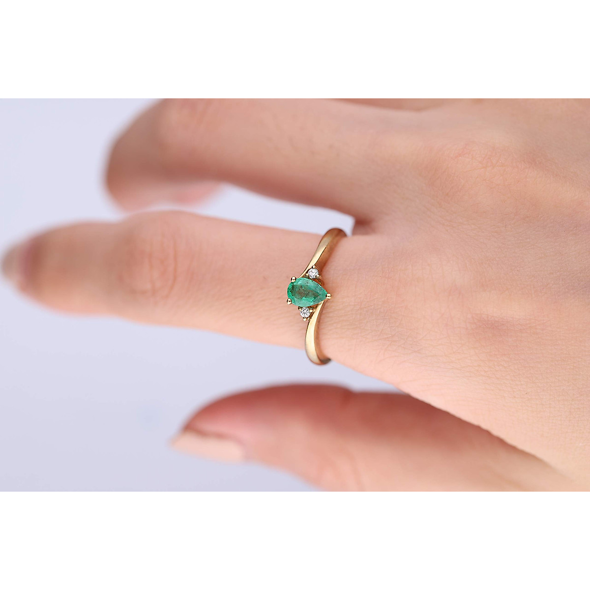 Gin & Grace 10K Yellow Gold Natural Zambian Emerald Ring with Natural Diamonds for women | Ethically, authentically & organically sourced Pear-cut Emerald hand-crafted jewelry for her