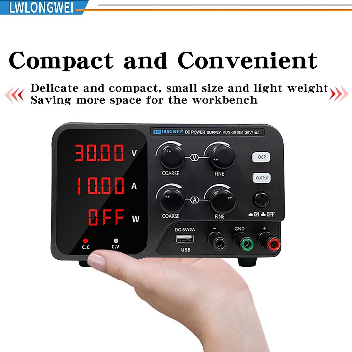 LWLONGWEI DC Power Supply Variable,30V 10A Adjustable Switching Regulated DC Bench Power Supply with 4-Digits LED Power Display 5V/2A USB Output, Coarse and Fine Adjustments Black