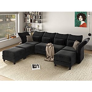 LLappuil Black Sectional Couch U Shaped 7 Seats, Chenille Sectionals Sofa Large Modular Sectional Sofa for Living Room with Reversible Chaise, Storage Seat, Deep Cushion