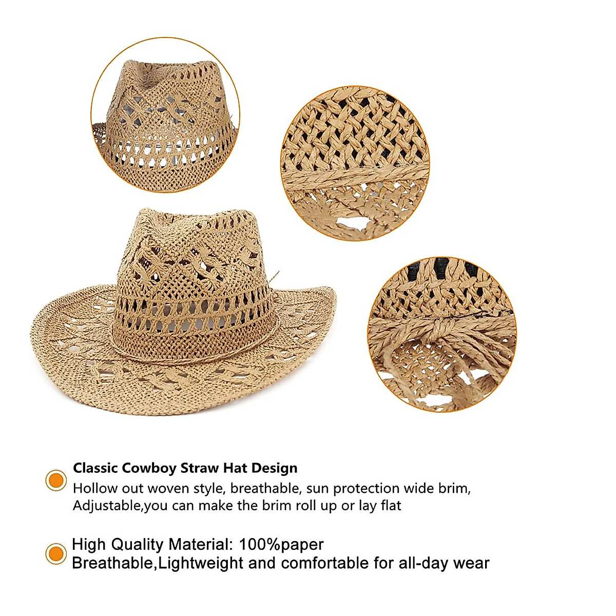 GEMVIE Men & Women's Summer Cowboy Cowgirl Straw Hat Hollow Out Style Roll Up Brim Cowboy Sun Hat Coffee
