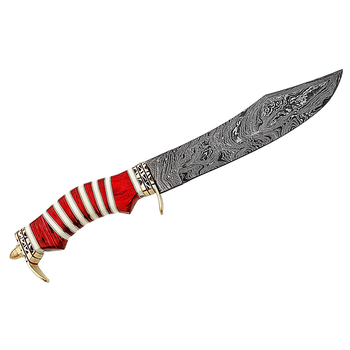 Damascus Steel Hunting Knife - Fixed Blade Knives with Sheath - Handle Combination of Walnut Wood and Camel Bone with Brass Spacer (RW)