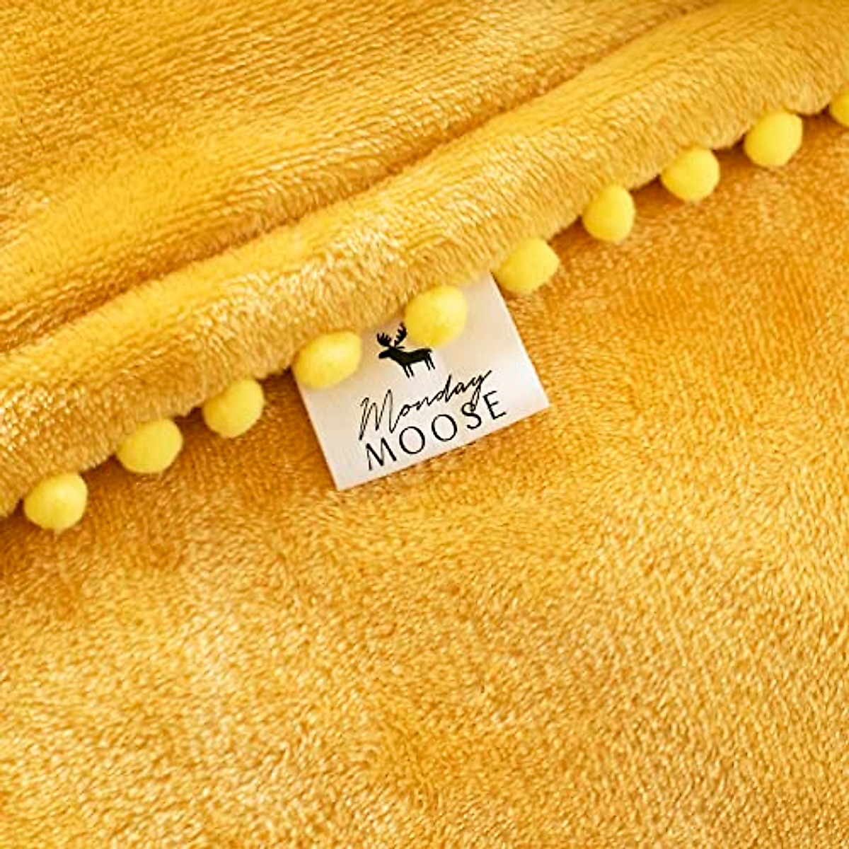 MONDAY MOOSE Cozy Fleece Throw Blanket with Pom Pom Fringe, Super Soft Lightweight Microfiber Flannel Blanket, Double-Sided Designs, for Couch Bed Sofa Home Decor (50x60 inch, Yellow/Beige)