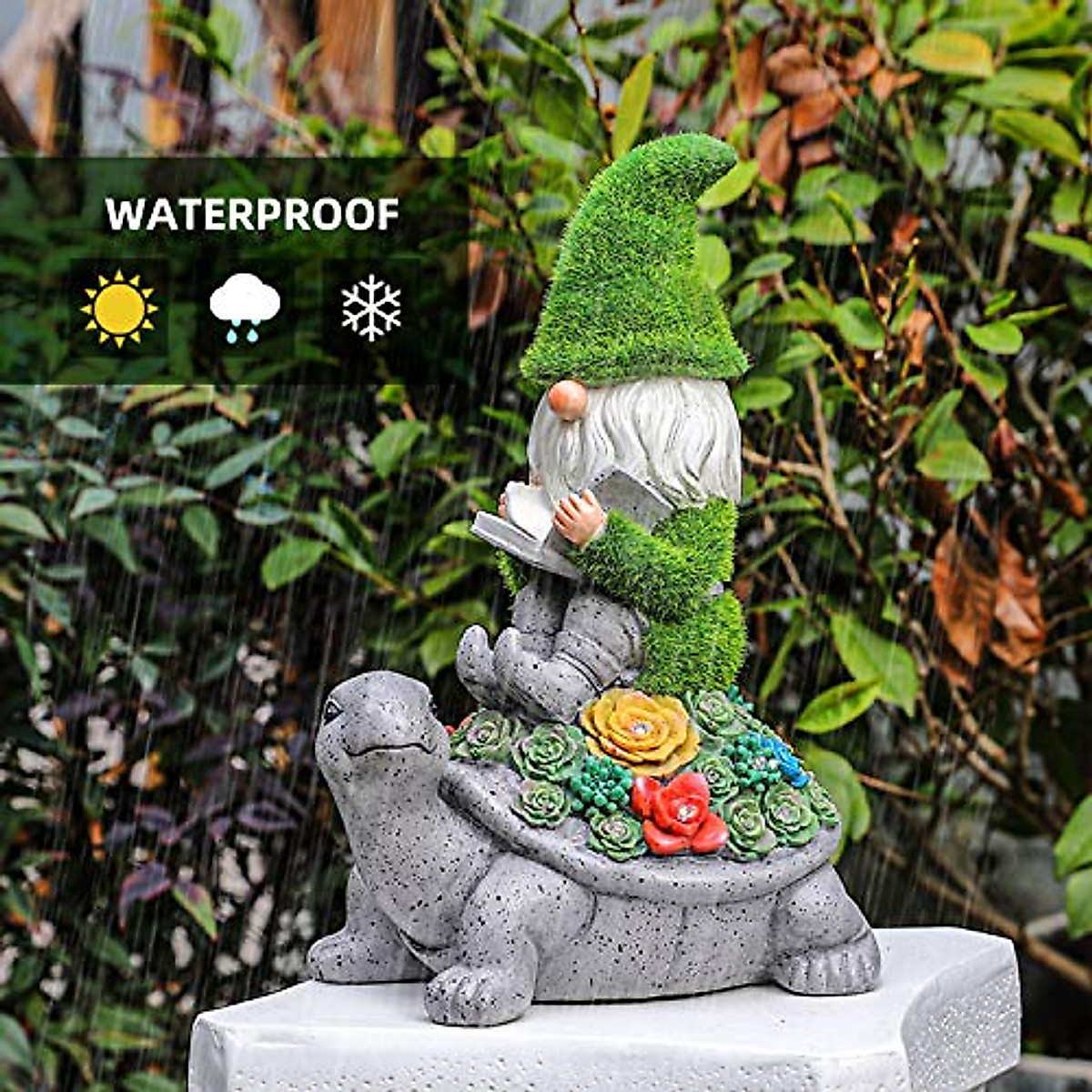 Garden Statue Gnome Cute - Large Outdoor Gnome Statue Sculptures with Solar Lights, Resin Gnome Figurine Sitting on Turtle with Umbrella for Home Patio Yard Lawn Porch Decorations