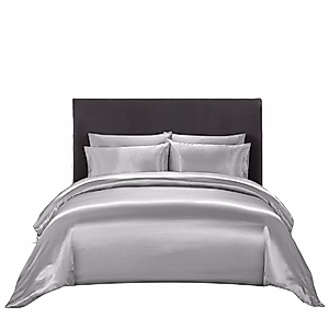 Opulence Bedding Silk Satin Duvet Cover Set Silver Oversized King 3 Piece (Duvet Cover + 2 Pillowcases) Comforter Cover Oversized King Size Zipper Closure
