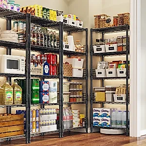 REIBII 5-Tier Storage Shelves Wire Shelving Unit with Side Blockers Adjustable Metal Shelves for Storage Rack with 5 Hooks & Shelf Liners Metal Shelving for Small Space, Kitchen Bathroom Closet Pantry