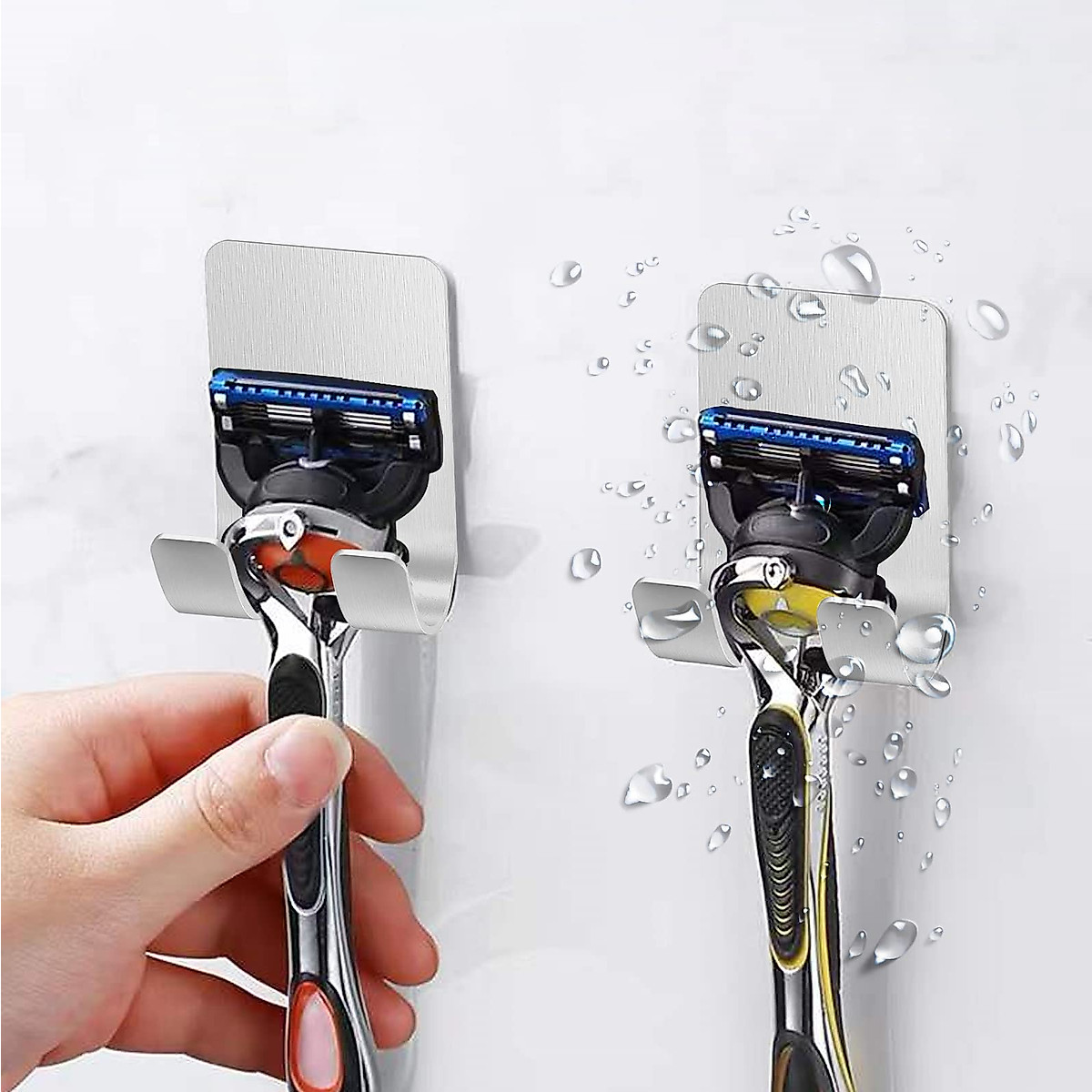 Self-Adhesive Shaver Hooks Heavy Duty Waterproof Shower Multi-Function Hooks,Stainless Steel Hooks for Bathroom Kitchen Double Hook to Organize Razor Loofah Robe Shaver Plug by KCTEX (Silver)