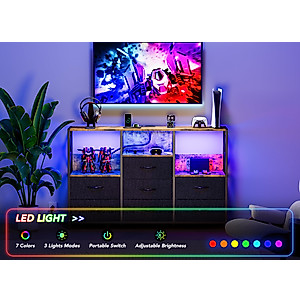 Black Dresser for Bedroom, 53" Dresser TV Stand with LED Light and Power Outlets, 7 Drawers Dressers, Fabric Chest of Drawers with Open Shelf, Large Dressers for Bedroom, Living Room