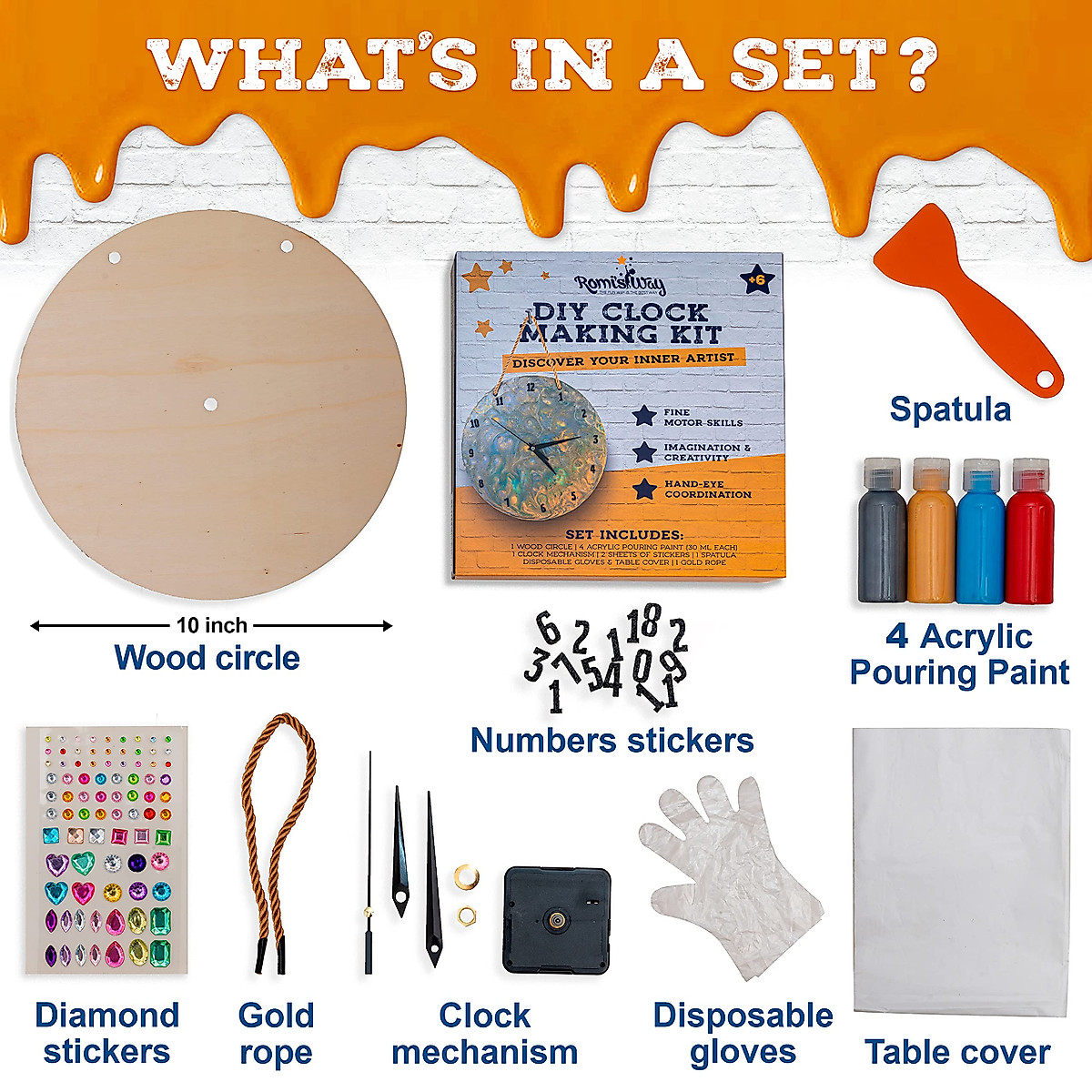 ROMI'S WAY DIY Clock kit w Round Wood, Acrylic Pouring Paint, Clock Mechanism – Kids Painting kit - Clock Kits for Do It Yourself - Unique Boys & Girls Arts and Crafts for Kids Ages 8-12 6-8 and up