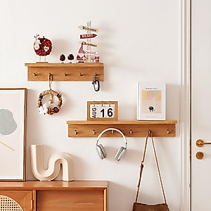 TREOAKWIS Oak Wood Coat Rack Wall Mount with Shelf 20 Inch Long Entryway Wall Shelf with 5 Hooks, Floating Shelf with Hooks Wall Coat Hooks for Bathroom, Hallway, Living Room