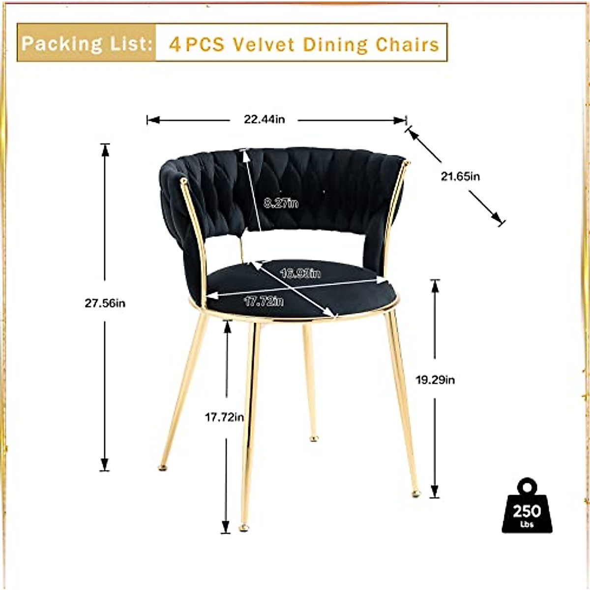 SmartDer Velvet Dining Chairs Set of 4, Upholstered Dining Room Chairs with Woven Backrest, Modern Kitchen Dinner Chair, Tufted Accent Vanity Armchair for Dining Room, Living Room, Bedroom, Black