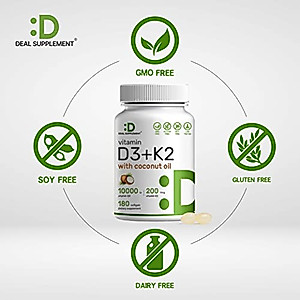 Vitamin D3 10,000 IU + K2 MK7 200 mcg, Infused with Virgin Coconut Oil, 180 Softgels, Double Strength Vitamin D & K, Promotes Heart, Bone & Teeth Health - Very Easy to Swallow