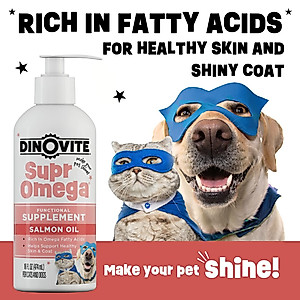 Dinovite SuprOmega Wild Caught Salmon Oil for Dogs & Cats - GMO Free Omega 3 Skin & Coat Supplement - Skin & Coat Meal Topper for Dogs & Cats - 16 oz