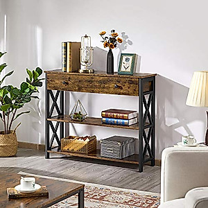 Yaheetech Industrial Console Table with Drawer, Sofa Table Narrow Console Table for Entryway/Living Room, Entry Hallway Table with 2 Tier Open Storage, Rustic Brown