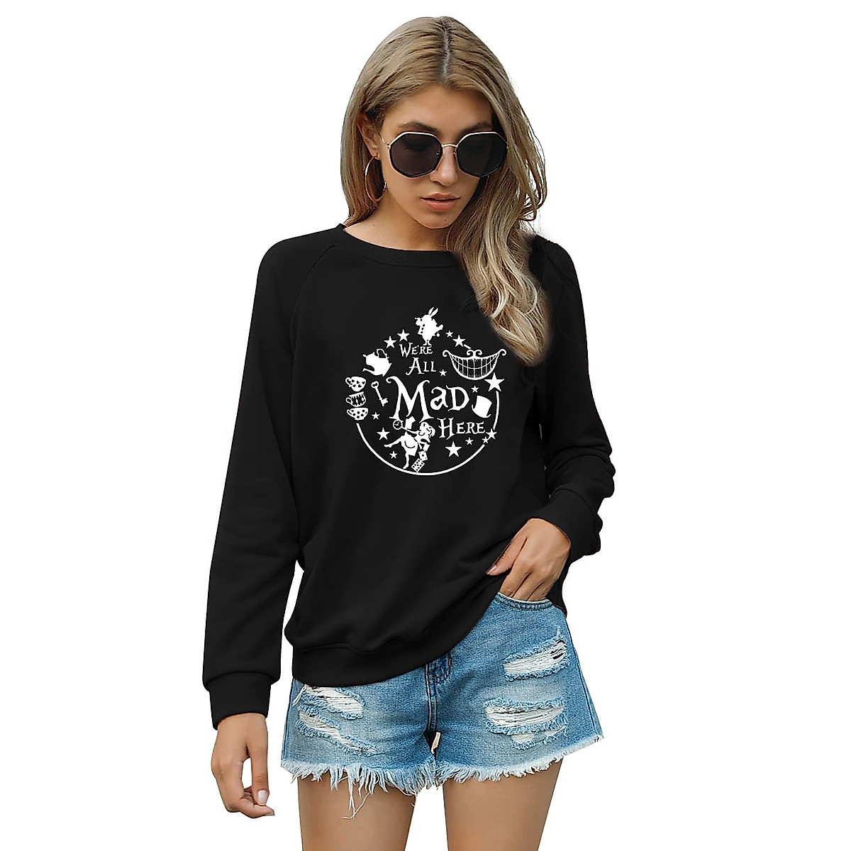 ASTANFY Alice in Wonderland Sweatshirt Women Vintage Mad Hatter Shirt Magic Kingdom Pullover Vacation Long Sleeve Tops Black