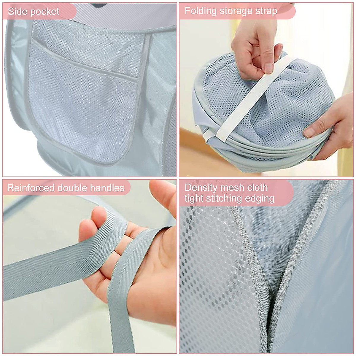 BYETIVE 2 PCS Mesh Laundry Hamper,Collapsible Laundry Baskets,75L Large Foldable Dirty Laundry Clothes Hamper Storage Basket Horizontal with Side Pocket&carry Handle for Home,Laundry,Travel grey