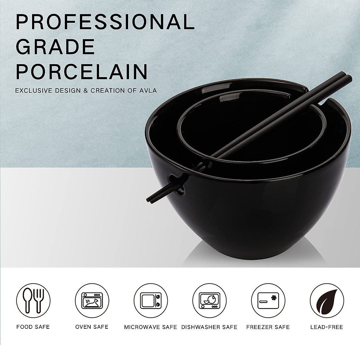 AVLA Ceramic Ramen Bowl Set of 2, 15/26 OZ Porcelain Noodle Soup Bowl with Chopsticks, Multi Purpose Bowl for Soup, Noodle, Pho, Udon and Soba, Dishwasher and Microwave Safe, Black