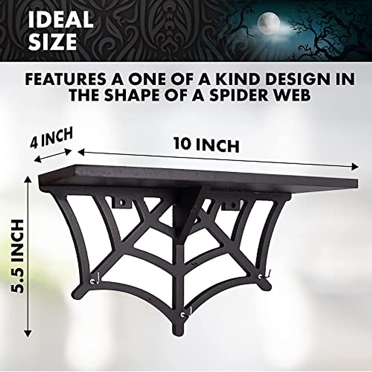 CEFRECO Spider Web Floating Shelf - Gothic Halloween Hanging Shelf with Hooks for Wall Oddities and Curiosities - Black Spooky Goth Wall Decor for Kitchen and Home - Crystal Display Shelf for Stones