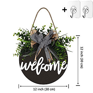 POETIC WREATH Welcome Sign Welcome Front Door Round Wood Sign Hanging Welcome Sign for Farmhouse porch Spring Welcome Sign Front Door Decoration （Blackboard welcome）