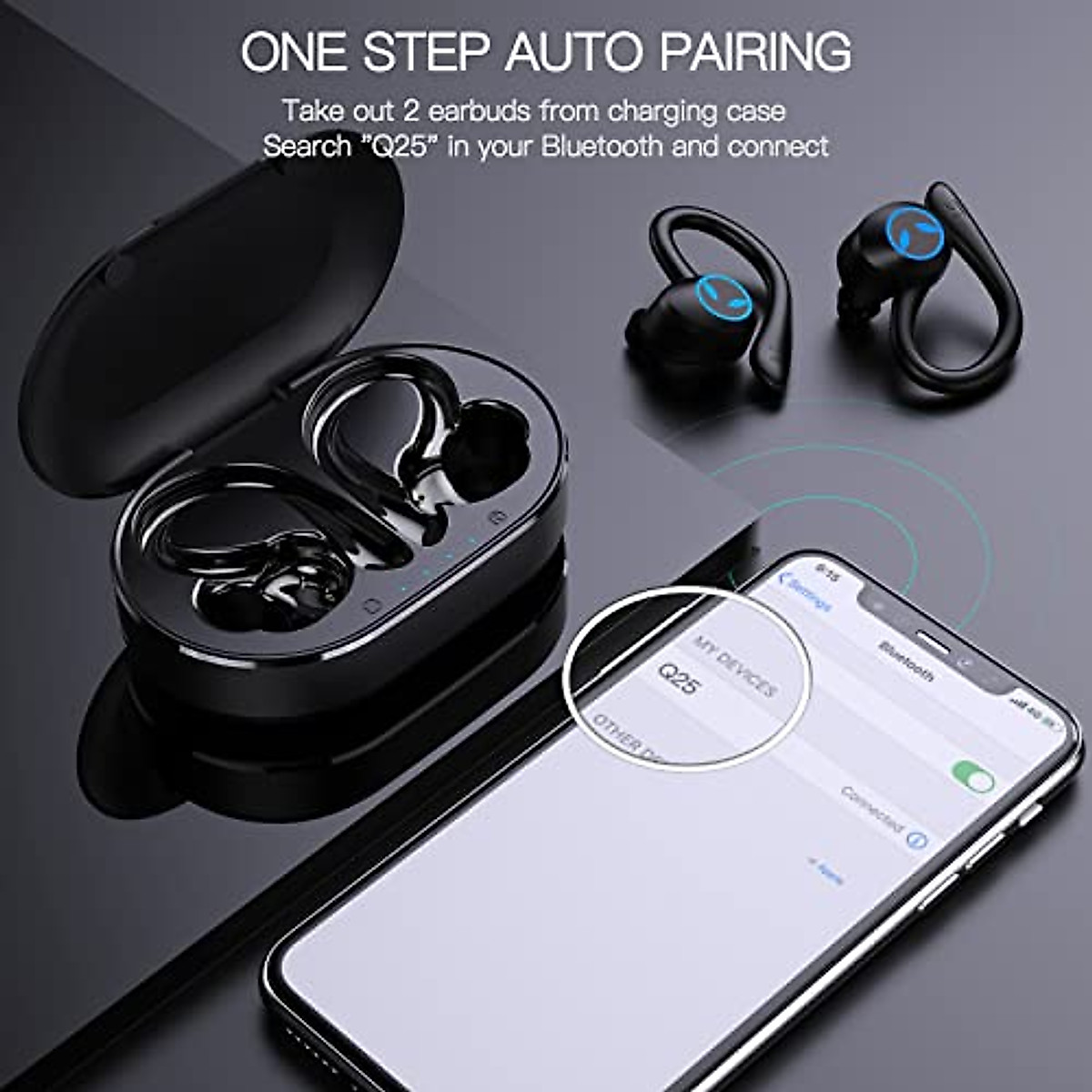 Wireless Earbuds Bluetooth Headphones 60H Playtime Ear Buds Bluetooth Earphones in-Ear Noise Cancelling Earbud with Mic, IPX7 Waterproof Ear Buds with Earhooks for Sports Laptop Gaming Blk
