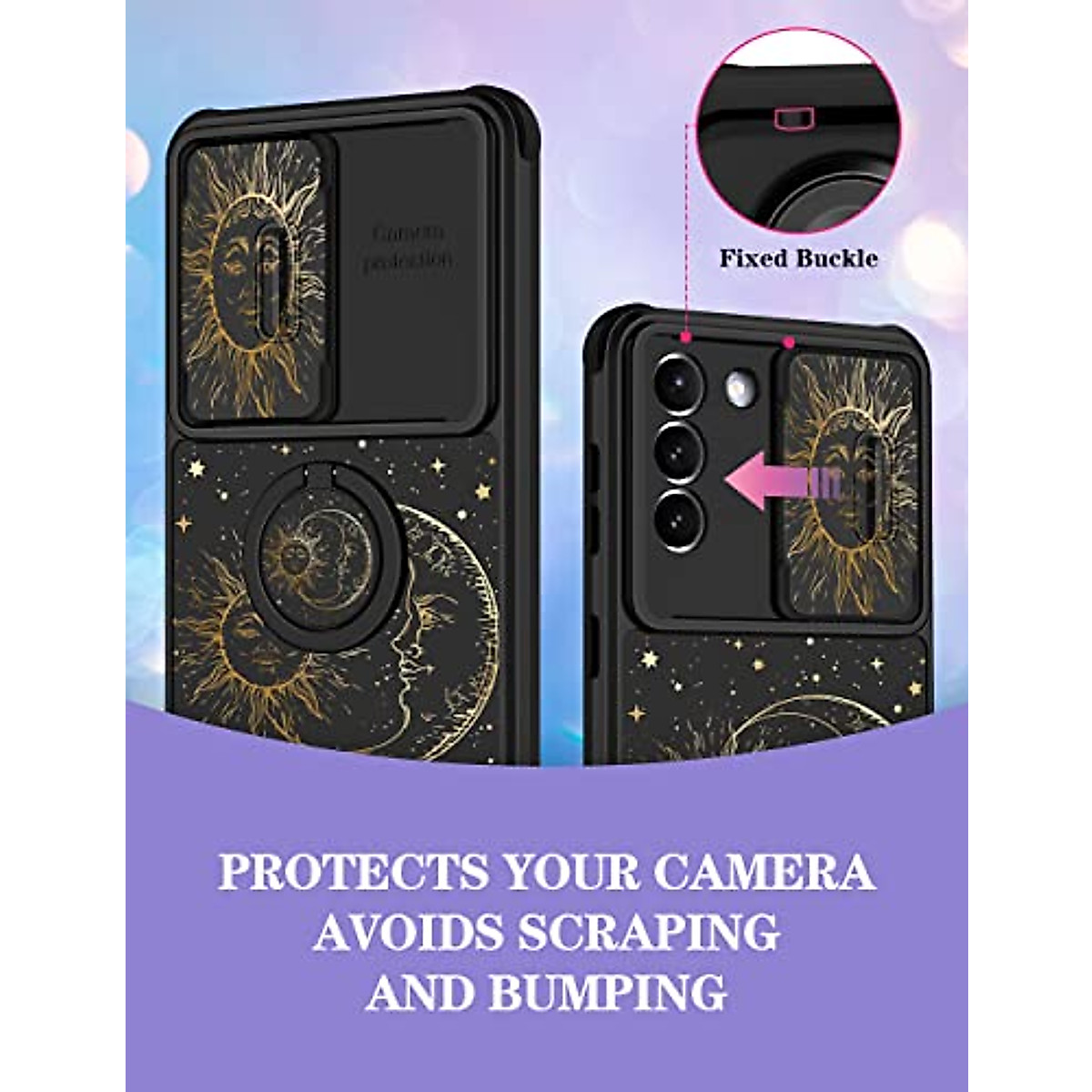 Goocrux (2in1 for Samsung Galaxy S21 Case Sun and Moon Stars for Women Girls Cute Space Phone Cover with Slide Camera Cover+Ring Holder Fashion Golden Print Design Cases for Galaxy S21 5G 6.2''