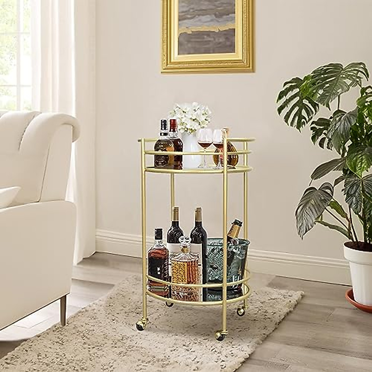 GIFTTROVE Gold Bar Cart for Home, 2 Tier Bar Serving Cart, Round Rolling Bar Cart with 2 Mirrored Shelves, Wine Cart Stand for Kitchen, Living Room