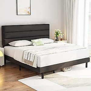 IYEE NATURE King Size Bed Frame Frame with Headboard,Sturdy Platform Bed with Wooden Slats Support,No Box Spring,Mattress Foundation,Easy Assembly,Dark Grey