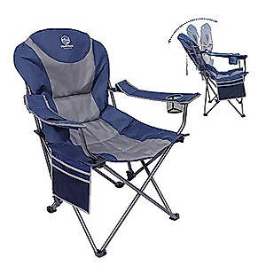 Coastrail Outdoor Reclining Camping Chair 3 Position Folding Lawn Chair for Adults Padded Comfort Camp Chair with Cup Holders, Head Bag and Side Pockets, Supports 350lbs, Blue&Grey