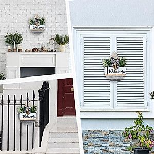 Welcome Sign for Front Door Decor - Walasis Hanging Welcome Signs for All Season Boho Wall Decoration 12inch Wooden Farmhouse Eucalyptus Wreath with Bow Beads for Home