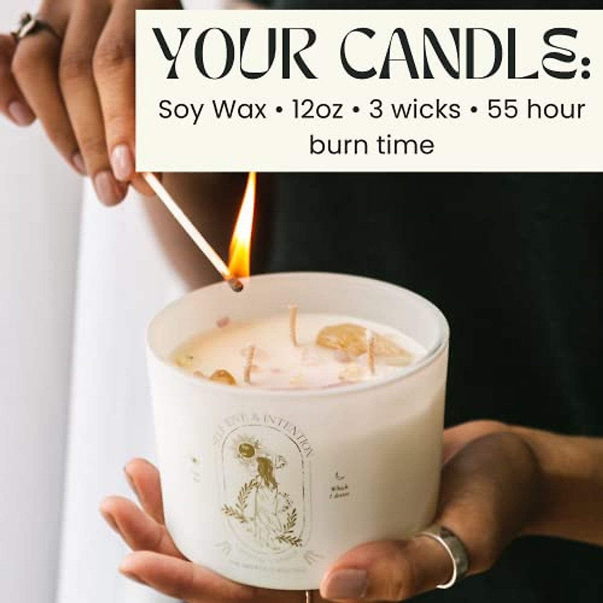 Healing Crystal Candle - 12oz Soy Candle with Crystals Inside. Manifestation Aromatherapy Candle, Spiritual Gifts for Women. Crystals and Healing Stones, Self Love Three Wick Zodiac Astrology Candles