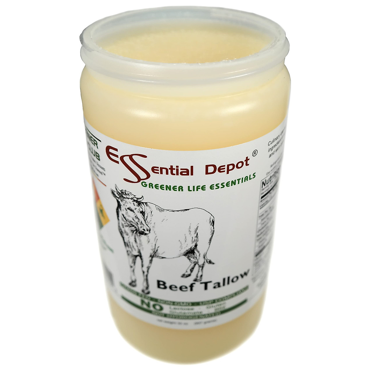 Beef Tallow - 1 Quart (32 oz nt wt) - Grass Feed - Non-GMO - Keto Friendly - Food Grade - FREE from LACTOSE-GLUTEN-GLUTAMATE-BSE - safety sealed HDPE container with resealable cap