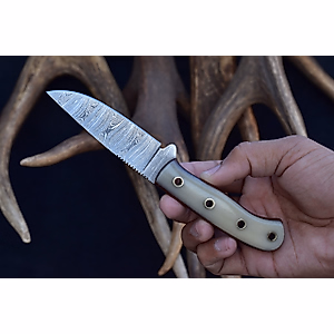 Knives Ranch Handmade Damascus Steel Knife Full Tang Quad Lanyard Hole Knife Cattle Bone Handle Heavy Duty 45 Degree Pancake Sheath Snug Fit (3112-B)