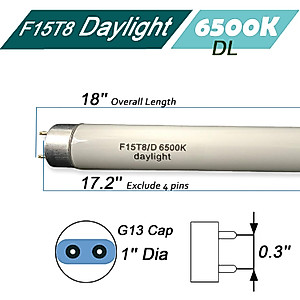 F15T8-D Daylight 15W Fluorescent Bulb,18'' F15T8/DL 6500K T8 Linear Preheat Lighting Lamps, G13 bi-pin Base