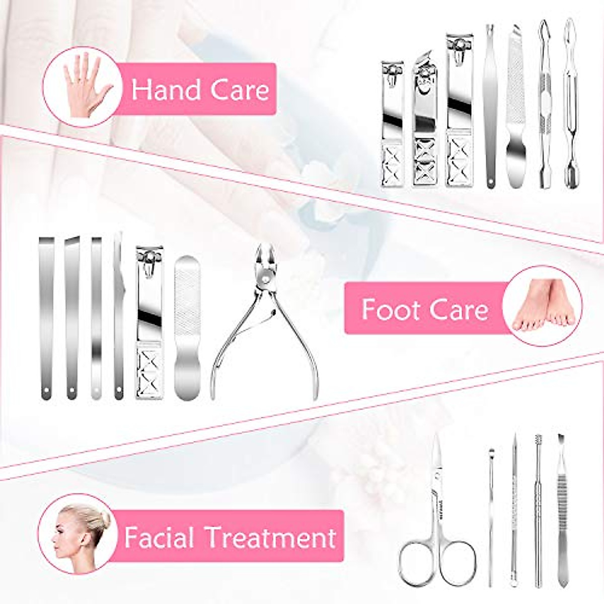 Teamkio 18pcs Manicure Set Pedicure Nail Clippers Set Travel Hygiene Kit Stainless Steel Professional Cutter Care Set Scissor Tweezer Knife Ear Pick Tools Grooming Kits with Leather Case (18pcs, Pink)