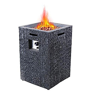 19 inch Outdoor Propane Fire Pit Table, 40,000 BTU Patio Gas Heater Column with Vertical Texture Surface, Red Lava Rocks, and Waterproof Cover