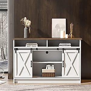 HOMBCK Coffee Bar Cabinet, Farmhouse Buffet Cabinet with Barn Door, White Coffee Bar Sideboard with Storage for Living Room, Dining Room, Hallway, Console Table, Accent Cabinet, White