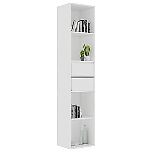GOLINPEILO Wooden Book Cabinet with 4 Open Shelves and 2 Drawers, Modern Bookshelf for Living Room, White 14.2"x11.8"x67.3" Engineered Wood