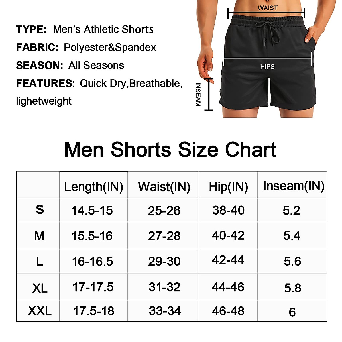 JWJ Mens Workout Shorts 5 Inch Athletic Running Shorts Quick Dry Elastic Gym Shorts for Men Jogging with Zipper Pockets,Black XL