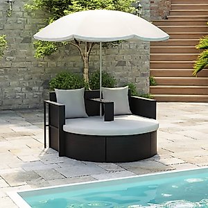 QZZCED Patio Bed with Parasol,Pool Lounge Chairs,Outdoor Chaise Lounge,Patio Lounge Chair,Outdoor Furniture,Outdoor Garden Chair,for Pool Side,Balcony,Beach,Yard,Black Poly Rattan