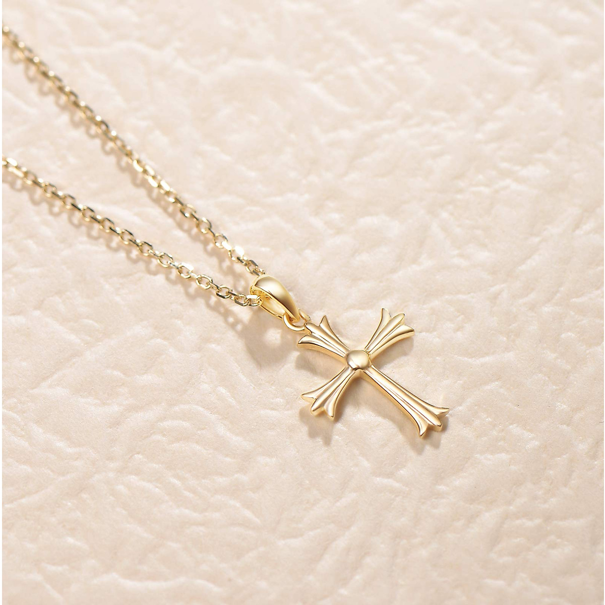 Carleen SOLID REAL 14K Yellow Gold SMALL TINY Little Cute Embossed Cross Necklace Delicate Dainty Crucifix Cross Pendant Fine Jewelry For Women, With 18" Solid Gold Cable Chain